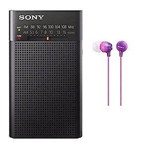 Sony ICFP26 Portable AM/FM Radio (Black) and Color in-Ear Earbud Headphones (Color May Vary) Bundle (2 Items)