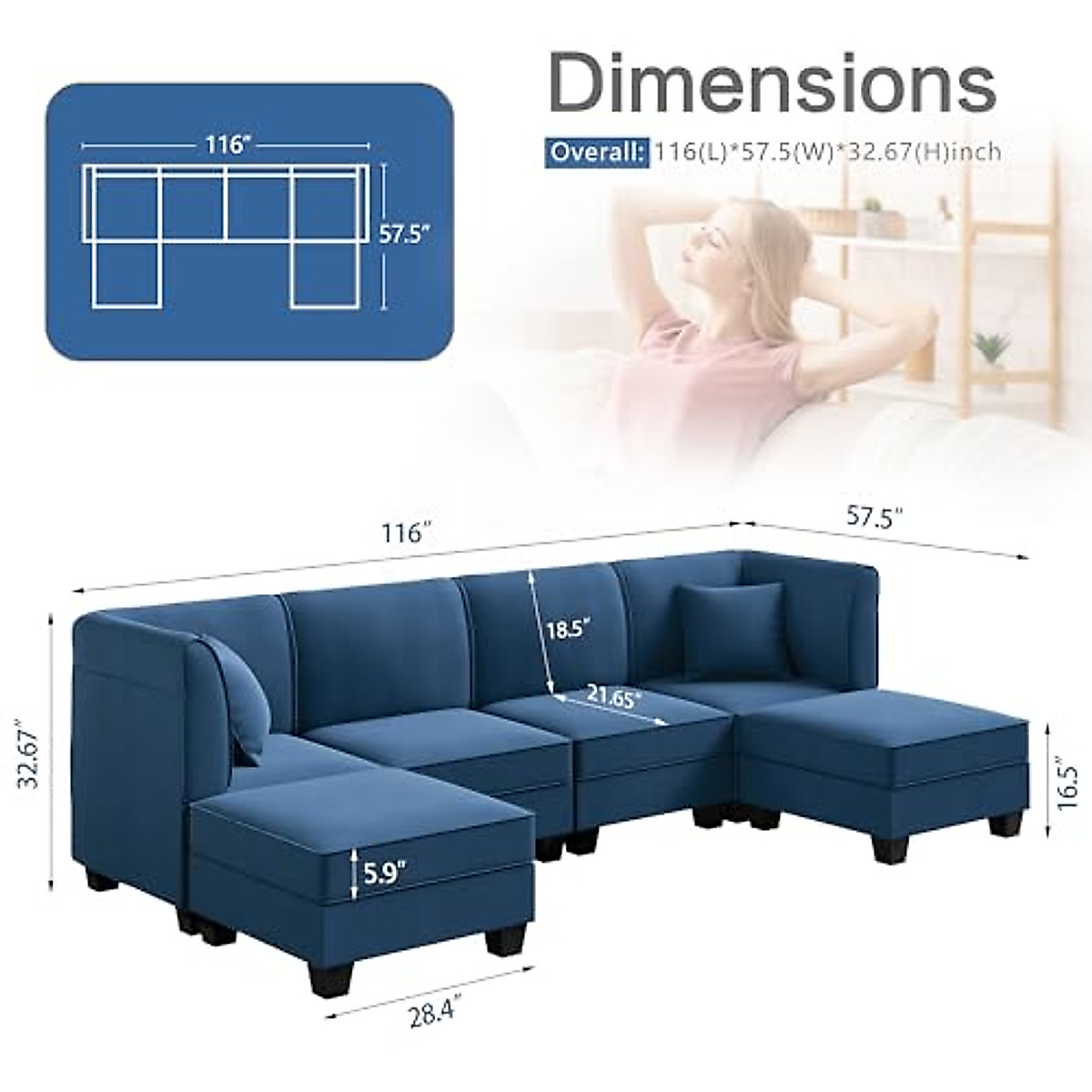 JAMFLY 116'' Modular Sectional Sofa with Reversible Chaise, U-Shape Convertible Sectional Sofa Couch with 6 Seats, Velvet Modern Sleeper Modular Couch with Ottomans for Living Room