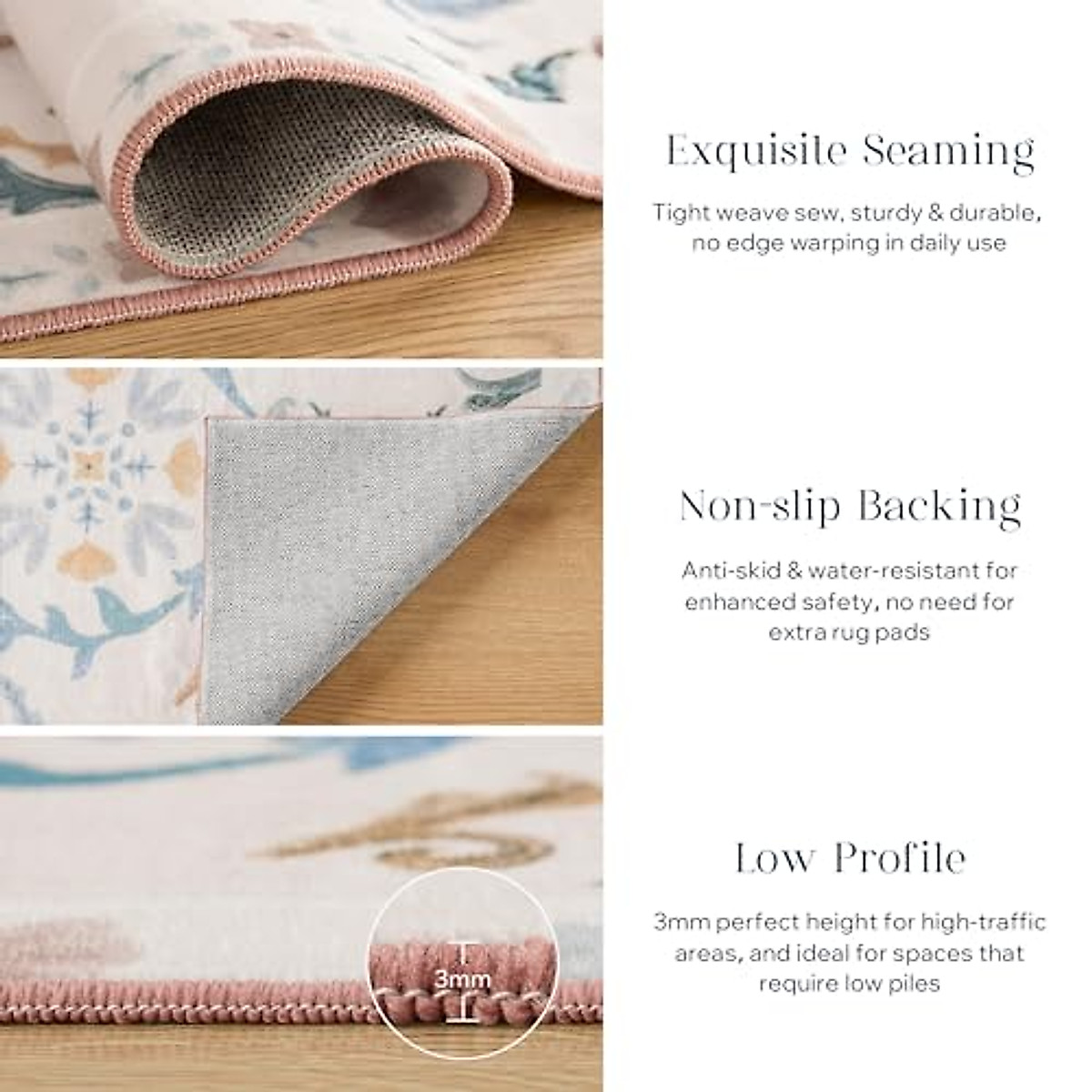 Phantoscope Hallway Runner Rug 2'x10', Washable Non-Slip Boho Rug Runner with Rubber Backing, Ultra-Thin Classic Floral Painting Stair Runner for Kitchen Entryway Bathroom Stairway, Beige Pink/Floral