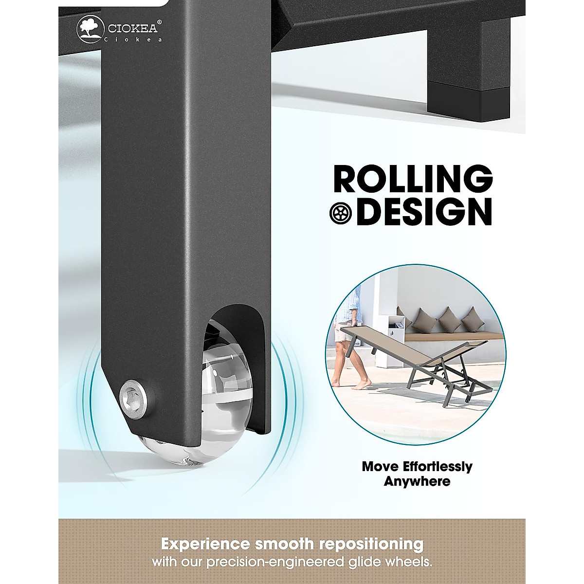 Aluminum Chaise Lounge Chair Outdoor with Wheels, Patio Lounge Chair with Adjustable 5-Position Recliner and Full Flat Tanning Chair for Patio, Beach, Pool, Khaki