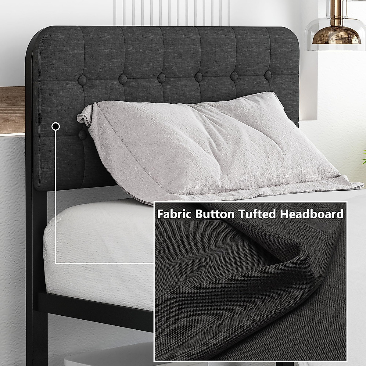 Likelalaso Twin Bed Frame with Upholstered Headboard, 12 inch Twin Metal Platform Bed Frame, Steel Slat Support, Noise Free, No Box Spring Needed, Easy Assembly, Black