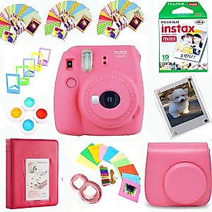 Fujifilm Instax Mini 9 Film Camera (Flamingo Pink) + Film Pack(10 Shots) + Pleather Case + Filters + Selfie Lens + Album + Frames & Stick-on Frames Exclusive Instax Design Bundle