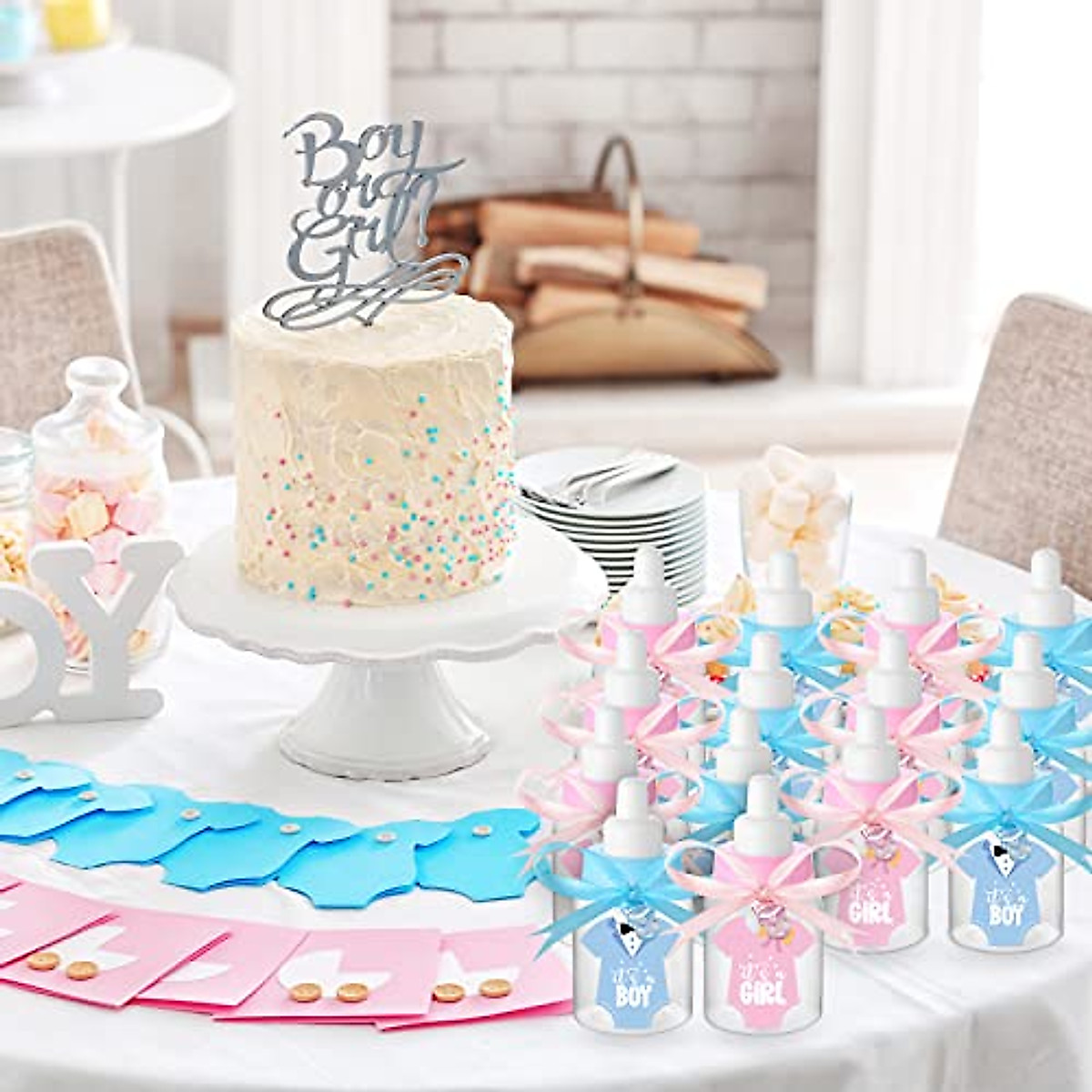 48 Set Gender Reveal Baby Shower Favors Baby Mini Milk Bottles Plastic Baby Milk Bottle 48 Pcs Mini Pacifiers Tiny Plastic Pacifiers 64 Pcs Gender Reveal Stickers Baby Shower Sticker and 2 Roll Ribbon