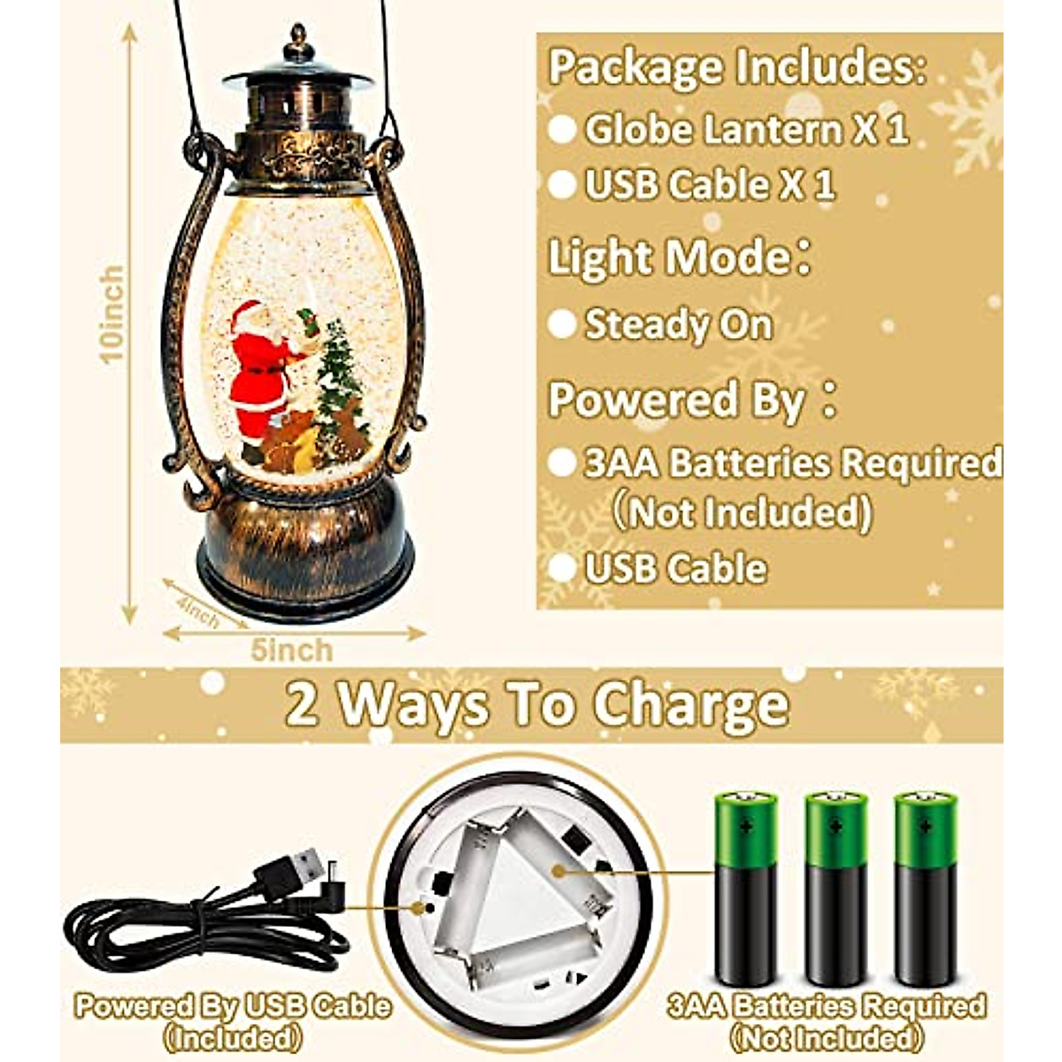 TURNMEON Lighted Christmas Snow Globe Lantern, Santa Claus Xmas Tree Timer Musical Christmas Decoration Gift USB or Battery Operated LED Water Glittering 8 Music Playing Christmas Decor Home Indoor