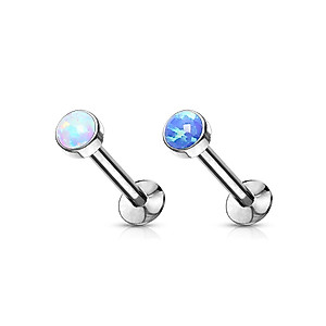 Covet Jewelry Push in Opal Flat Set Top 316L Surgical Steel Labret, Monroe, Flat Back Stud. (16 GA, Length: 6mm, Ball: 4mm, Opal Blue)