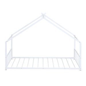 Montessori Floor Bed with Headboard and Footboard, Twin Floor Bed with Slats, Metal House Floor Bed for Kids, Girls, Boys, White Montessori Bed Twin Size