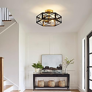XSDeTu Modern Flush Mount Ceiling Light, 3-Light Black Gold Hallway Light Fixtures Ceiling Mount, Industrial Close to Ceiling Light with Metal Hexagon Cage Ceiling Lamp for Kitchen