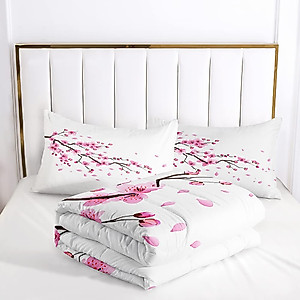 Oriental Romantic Flourishing Cherry Sakura Flower Branches Comforter Set for Girls Kids Teens, Queen Size Pale Pink Blossom Petal Quilted Duvet with 2 Nature Plant Pillowcases-90 x90(Pink, Queen)