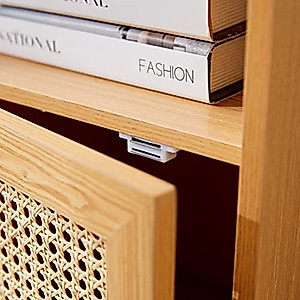 GTOLV Rattan Nightstand with Charging Station, Boho End Table with Handmade Rattan Decorated Door and Pine Legs for Bedroom, Living Room