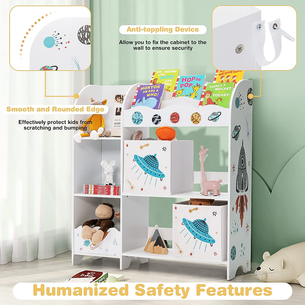 HONEY JOY Kids Toy Storage Organizer, Wooden Storage Unit with 2 Storage Boxes, Toddler Storage Display Bookshelf Daycare Furniture for Playroom, Children’s Room, Living Room(Planet)