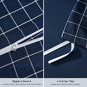 Wake In Cloud - Grid Cotton Duvet Cover Set, Plaid Checkered Geometric Farmhouse, 100% Washed Cotton Textured Percale Bedding Set, 3 Pieces, Navy Blue, Twin Size