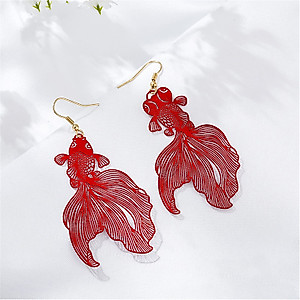 WUWEIJIAJIA Bohemian Lightweight Hollow Goldfish Dangle Drop Earrings Unique Long Tropical Fish Earrings for Women (Red)