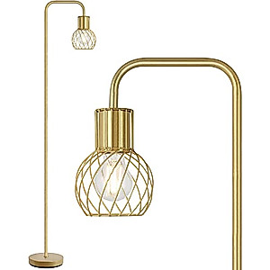 Industrial Floor Lamp for Living Room, Modern Standing Lamp for Bedroom with 6W LED Bulb, Foot Switch, Metal Tall Stand Up Lamp/Light, Minimalist Farmhouse Floor Lamp for Office, Vintage, Rustic, Gold