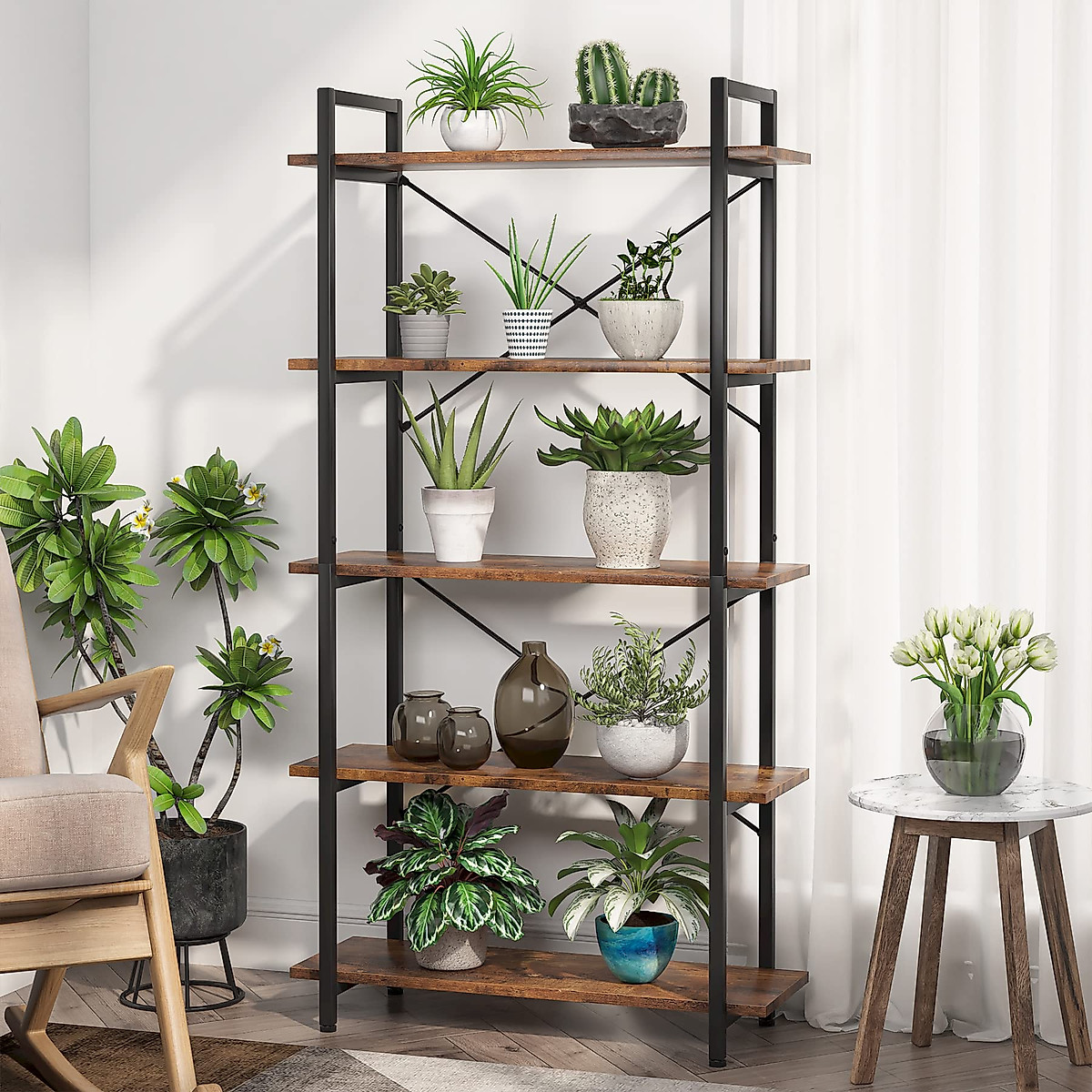 Tribesigns 5 Tier Bookshelf, Industrial Etagere Bookcase with Metal Frame, Rustic Tall Book Shelf Unit for Living Room, Study, Home Office (1, Rustic)