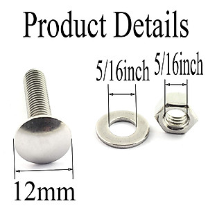 RuiLing 10 Set Carriage Bolt Sets 304 Stainless Steel Carriage Screw Hex Nut and Flat Washer Kits 5/16-18 Inches