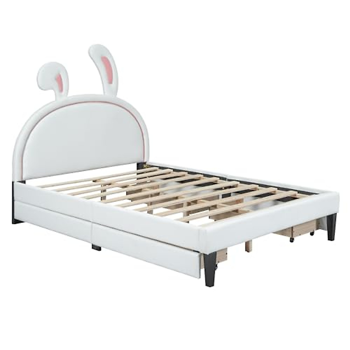 HBRR Wooden Bed Frame Full Size with 4 Storage Drawers and Bunny Ears Headboard, Upholstered Platform Bed with Storage for Kids Teens Boys & Girls, No Box Spring Needed, White