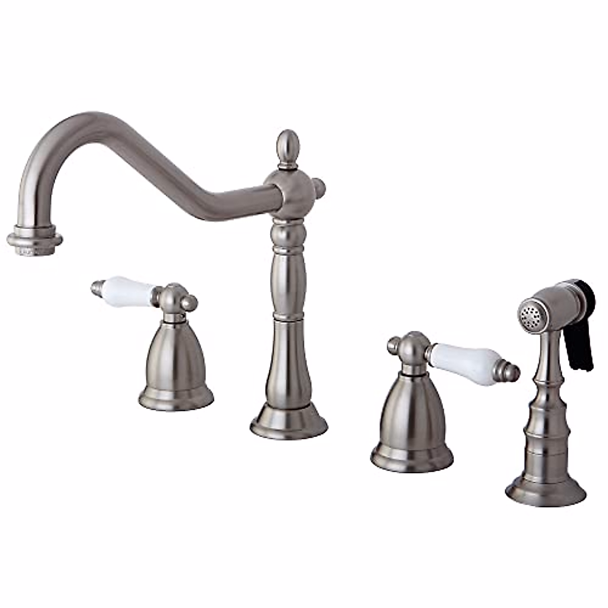 Kingston Brass KS1798PLBS Heritage Widespread Kitchen Faucet with Handle Sprayer, Brushed Nickel, 12.38 x 8.56 x 2