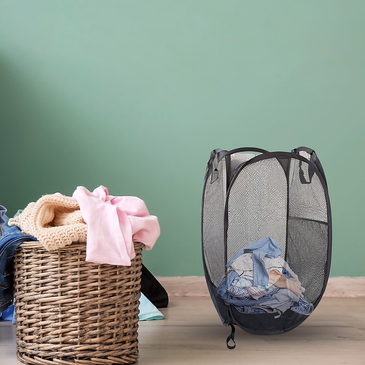 Collapsible Portable Mesh Laundry Storage Hamper - Durable, Foldable Closed Clothes Basket | Pop-up Folding Compact Washing Bag for Girl's Rooms, College Dorms, Cruises, or Travel (1PCS, Black)
