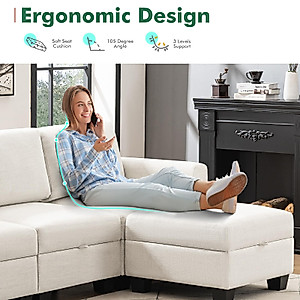 WACASA Convertible Sectional Sofa Couch with Storage, 3 Seat Sofa Modern Linen Fabric Upholstered L-Shaped Couch with 91.5'' Wide Seat, Comfy Sofa Sleeper Couches for Living Room Bedroom, Ivory