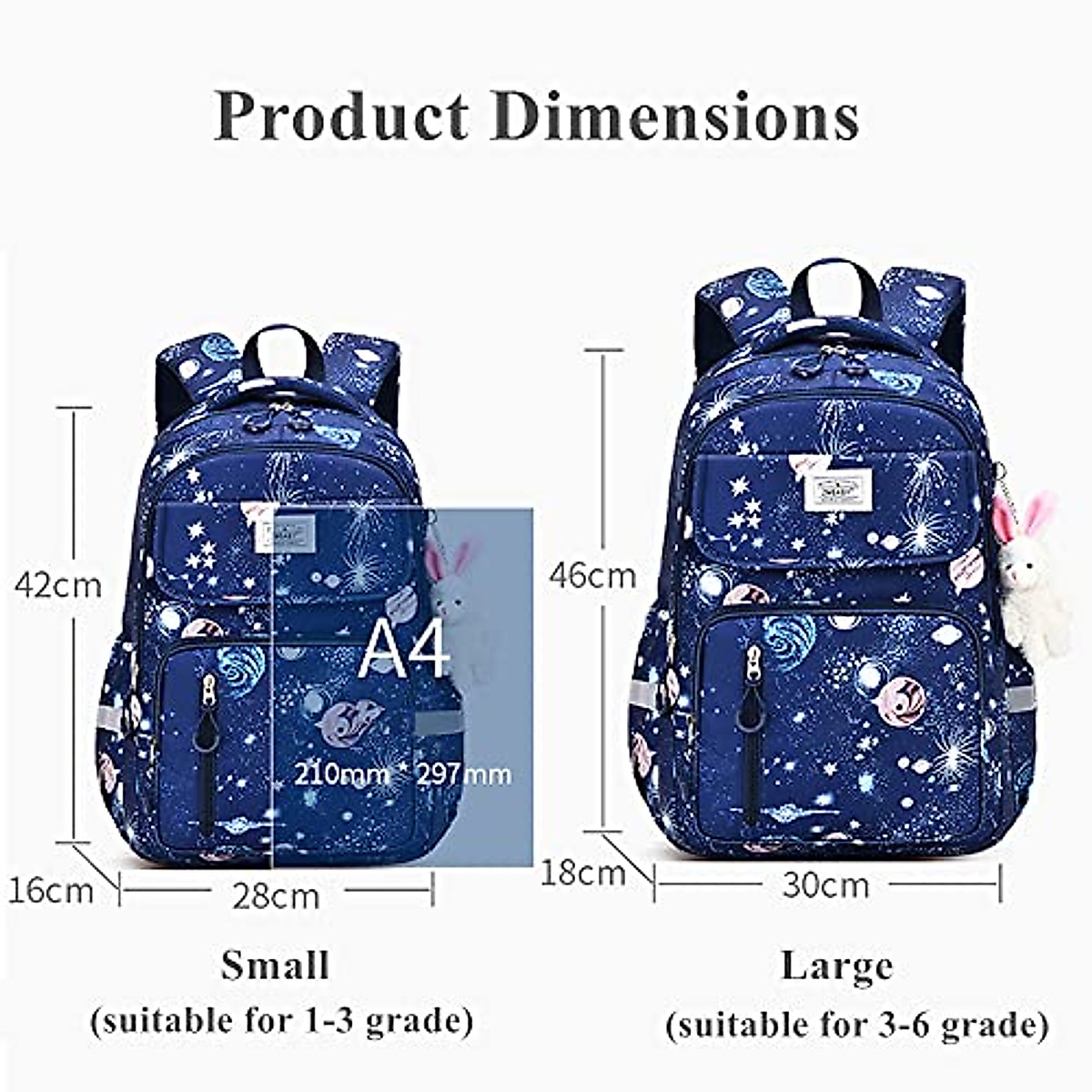 Cute Girls Backpack, Bunny School Backpack for Teen Girls, Elementary Middle Bookbag Galaxy Outdoor Aesthetic Schoolbag, Grey