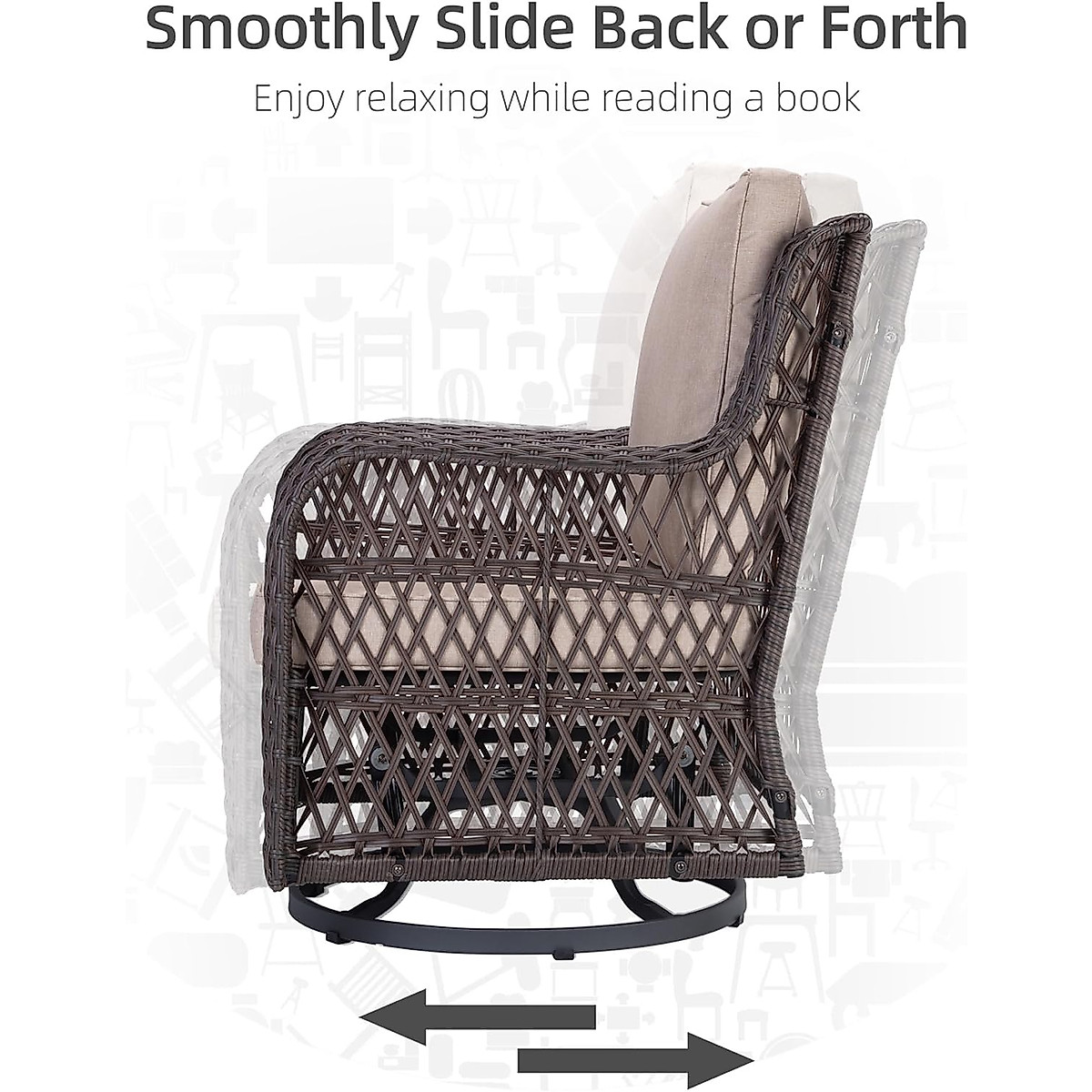 Rocking Swivel Chair, Outdoor Rattan Chairs Set with Side Table and Cushions, Patio Conversation Furniture Set 3 Piece for Outside Porch Deck Balcony Garden Backyard