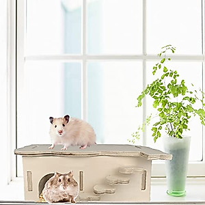 MUYG Wood Hamster House,Natural Wooden Chinchilla Hut with Steps Window Multi-Chamber Small Animal Hideout Maze Habitat Decor for Dwarf Mice,Rats,Syrian Mouse, Gerbils, Chinchilla (L)