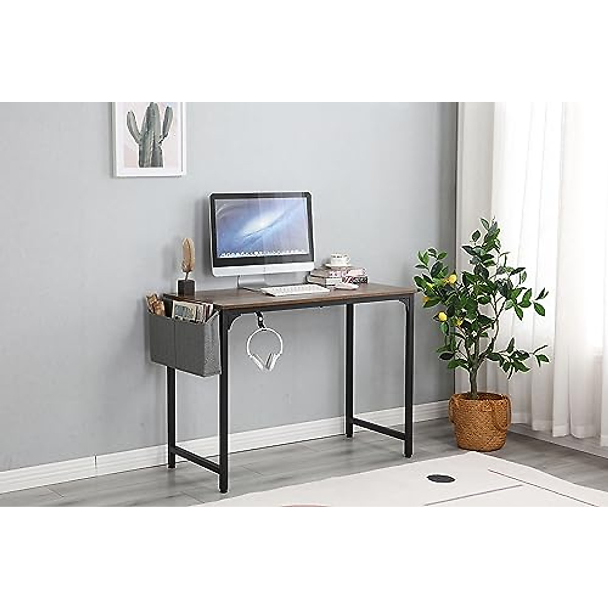 40 Inch Home Office Writing Small Desk Study Computer Desk Simple Style Pc Table Black Metal Frame Brown (40Inch, Brown)