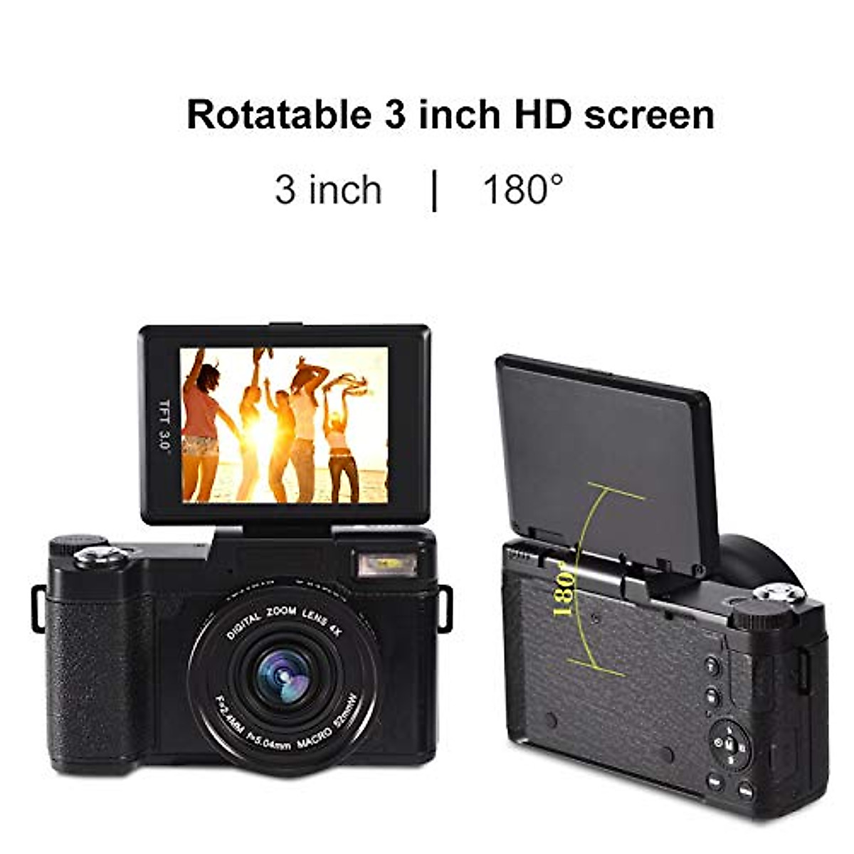 Akozon Digital Camera Camera 24MP Full HD 1080P 4 Times Camera 3.0 Inch 180 Degree Rotation Flip Screen Flash Light for YouTube for Vlog Video Shooting