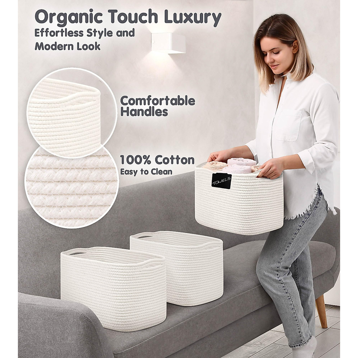 CHAT BLANC Cotton Rope Basket Blanket Storage for Living Room 15.8"x15.8"x13.8" | Baby Toy Storage Basket | Woven Basket | Large Baskets for Organizing, Graphite