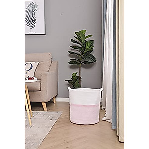 Pink Cotton Rope Laundry Basket with Handles Woven Portable Basket Cute Pink Nursery Blanket Storage Basket for Girl Clothes Hamper Home Decor Basket