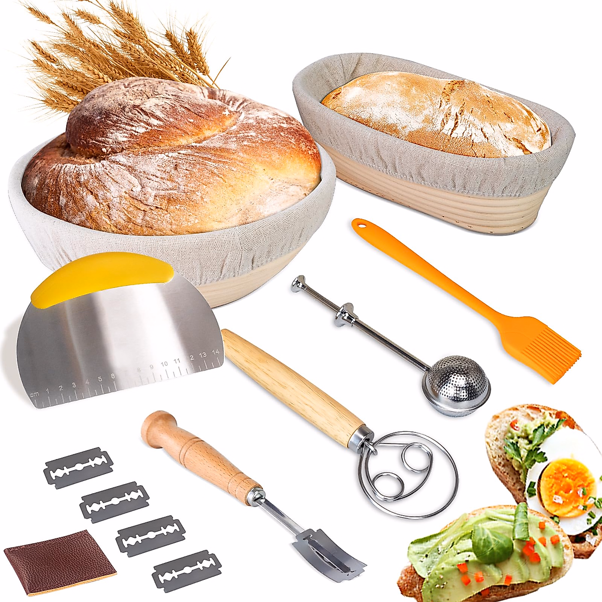 Banneton Bread Proofing Baskets, 9 Inch Round & 10 Inch Oval Sourdough Baking Basket, Complete Set for Bread Making—Bread Lame, Danish Whisk, Dough Scrapers, Flour & Sugar Sifter, Basting Brush