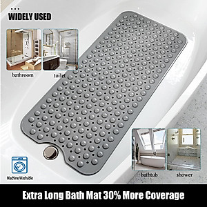 Large Non Slip Bathtub Mat, Extra Long Bath Mat for Tub, 40 x 16 Inch, Machine Washable Shower Mats with Suction Cups and Drain Holes, Bath Tub Mats for Bathroom Non Slip, Grey
