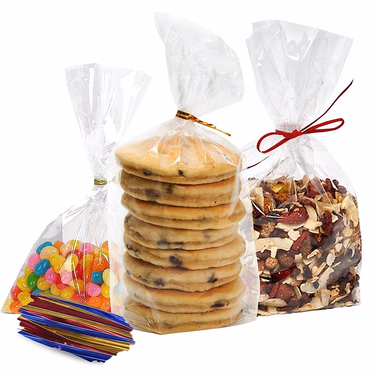 Clear Treat Bags (200 pack) - 4x6 Clear Plastic Gift Bags with 4” Twist Ties 3 Mix Colors - BPA-free Clear Candy Bags for Packaging - Thick OPP Cookie Bags for Wedding, Cakes, Pops, Gift