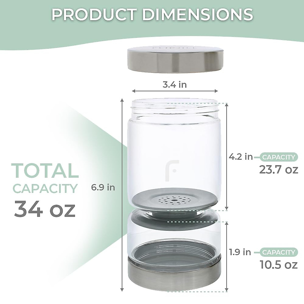 Flipjill Glass Pickle and Olives Jar with strainer flip, 34oz Glass jar, kitchen storage container, airtight glass jars, jar with lids