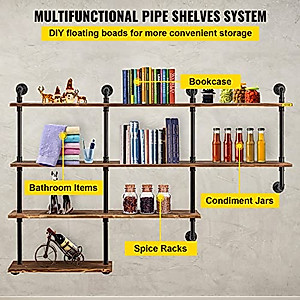 VEVOR Industrial Pipe Shelving, Pipe Shelves with 4-Tier Wood Planks, Rustic Floating Shelves Wall Mounted, Wall Shelf DIY Bookshelf for Bar Kitchen Bathroom Farmhouse Living Room, 63x50x11 inch
