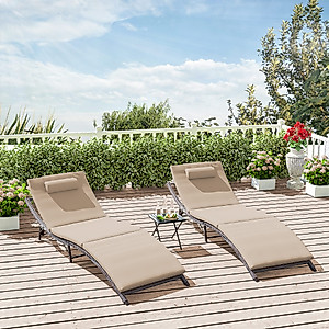 ASJMR Patio Chaise Lounge Set 3 Pieces Outdoor Lounge Chair with Rattan Adjustable Backrest and Folding Table for Beach Patio,Sand, for Poolside Backyard Porch