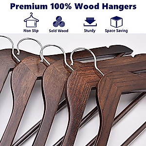 Amber Home Solid Wood Suit Coat Hangers 30 Pack, Smooth Retro Finish Wooden Dress Hangers with Non Slip Pant Bar, Clothes Hangers with 360 Swivel Hook & Notches for Jacket, Pant, Shirt (Retro, 30)