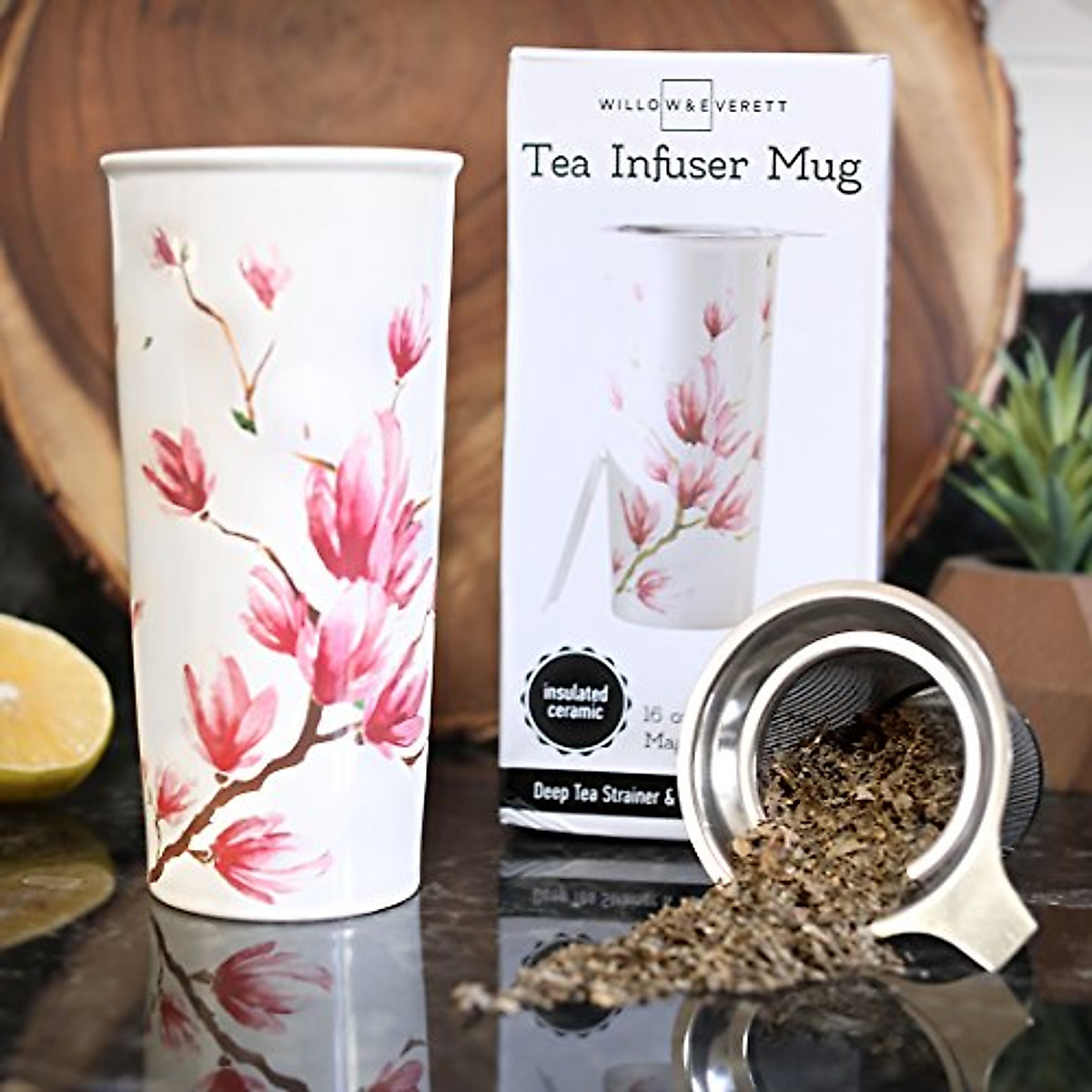 Willow & Everett 16oz Ceramic Travel Mug with Lid. Magnolia Double-Walled Tea Cup with Tea Infuser and Bonus Silicone Top. Tall Coffee and Tea Mug Tea Cups Loose Leaf Tea - Tea Mugs Tea Steeper