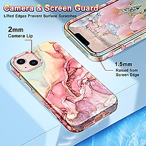 CASEFIV Compatible with iPhone 13 Case, Marble Pattern 3 in 1 Heavy Duty Shockproof Full Body Rugged Hard PC+Soft Silicone Drop Protective Girls Women Cover for iPhone 13 6.1 inch 2021, Rose Gold