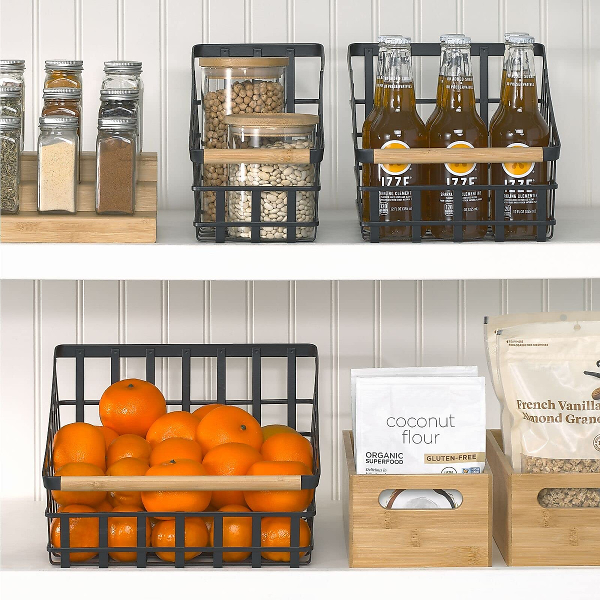 mDesign Slim Slanted Metal Wire Kitchen Storage Basket Bin Organizer with Wood Handle for Pantry, Cabinet, Cupboard, or Countertop Organization - Yami Collection - Matte Black/Natural