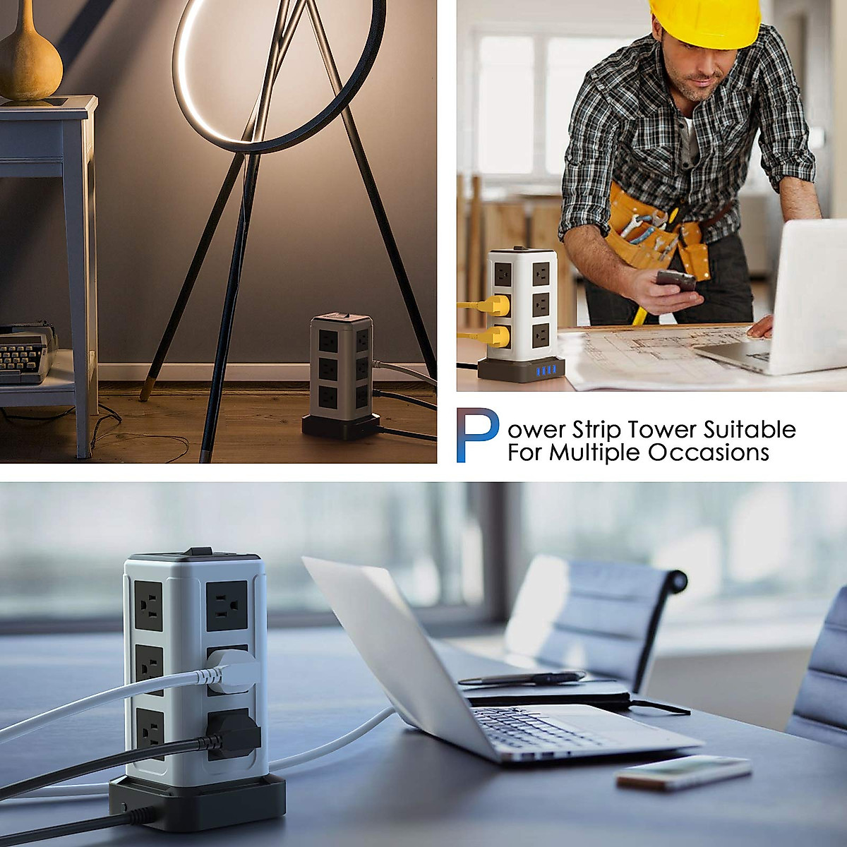 Power Strip Surge Protector with 12 AC Outlets 3250W, 4 USB Ports 1050J and 9.8ft Extension Cord, Power Strip Tower Electric Charging Station for iPhone Tablet Laptops Home Office