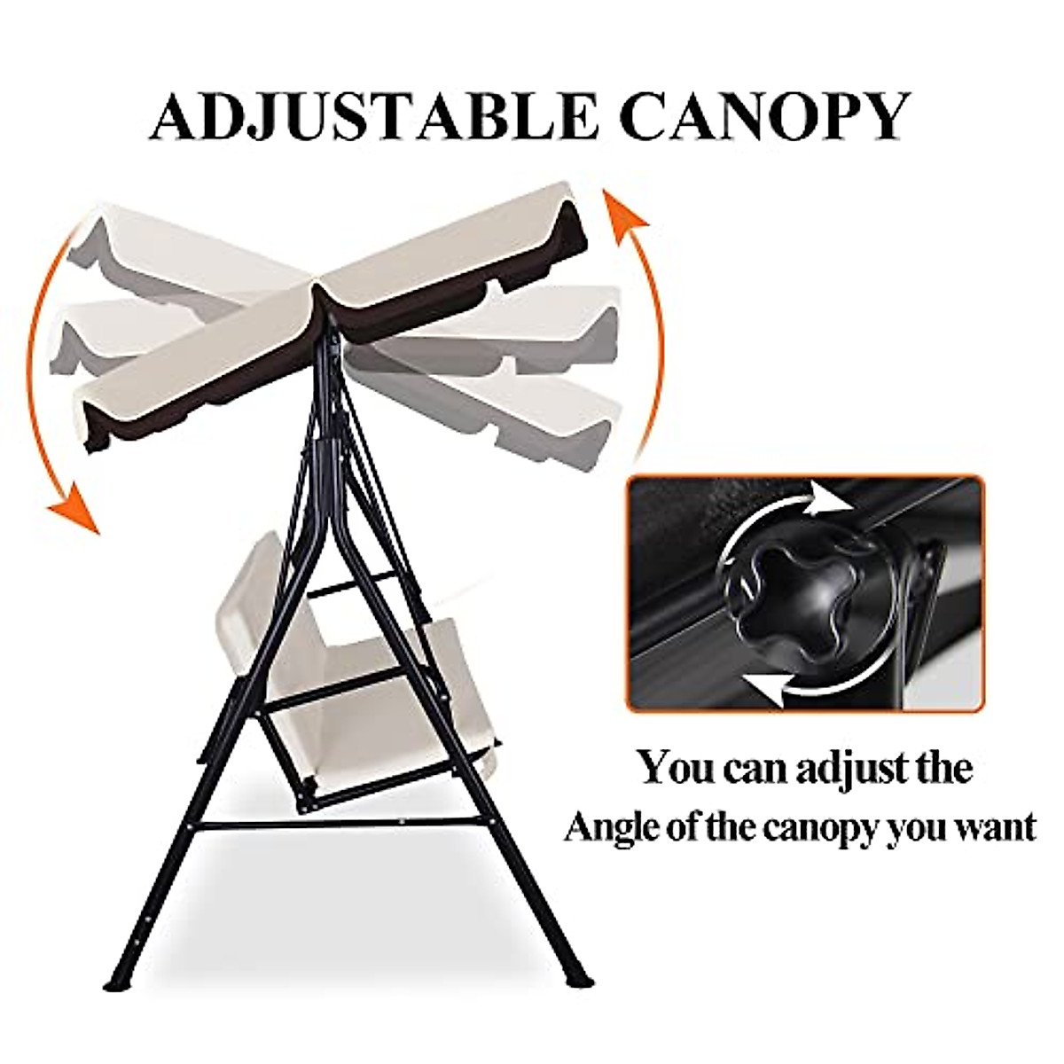 QZEN 3-Seat Porch Swing with Stand, Outdoor Patio Swing Chair with Adjustable Canopy and Durable Steel Frame for Patio, Backyard