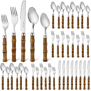 Coume 40 Pcs Bamboo Flatware Set for 8 Bamboo Utensils Bamboo Cutlery Bamboo Silverware Stainless Steel Tableware Spoons Forks Knife Set with Plastic Handle