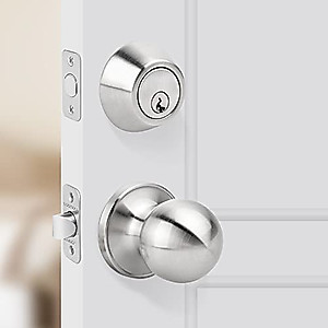 LOQRON Passage Ball Door Knob and Single Cylinder Deadbolt Lock Combo Set Security for Front Door Hallway/Closet with Satin Nickel Finish