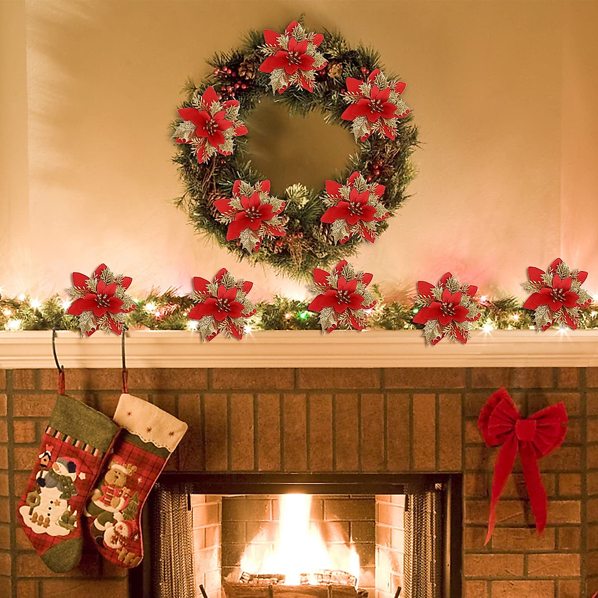 N&T NIETING 24Pcs Poinsettias Artificial Christmas Flowers, 5 inch Glitter Christmas Flowers Artificial for Decoration, Xmas Fake Flowers, Red and Gold