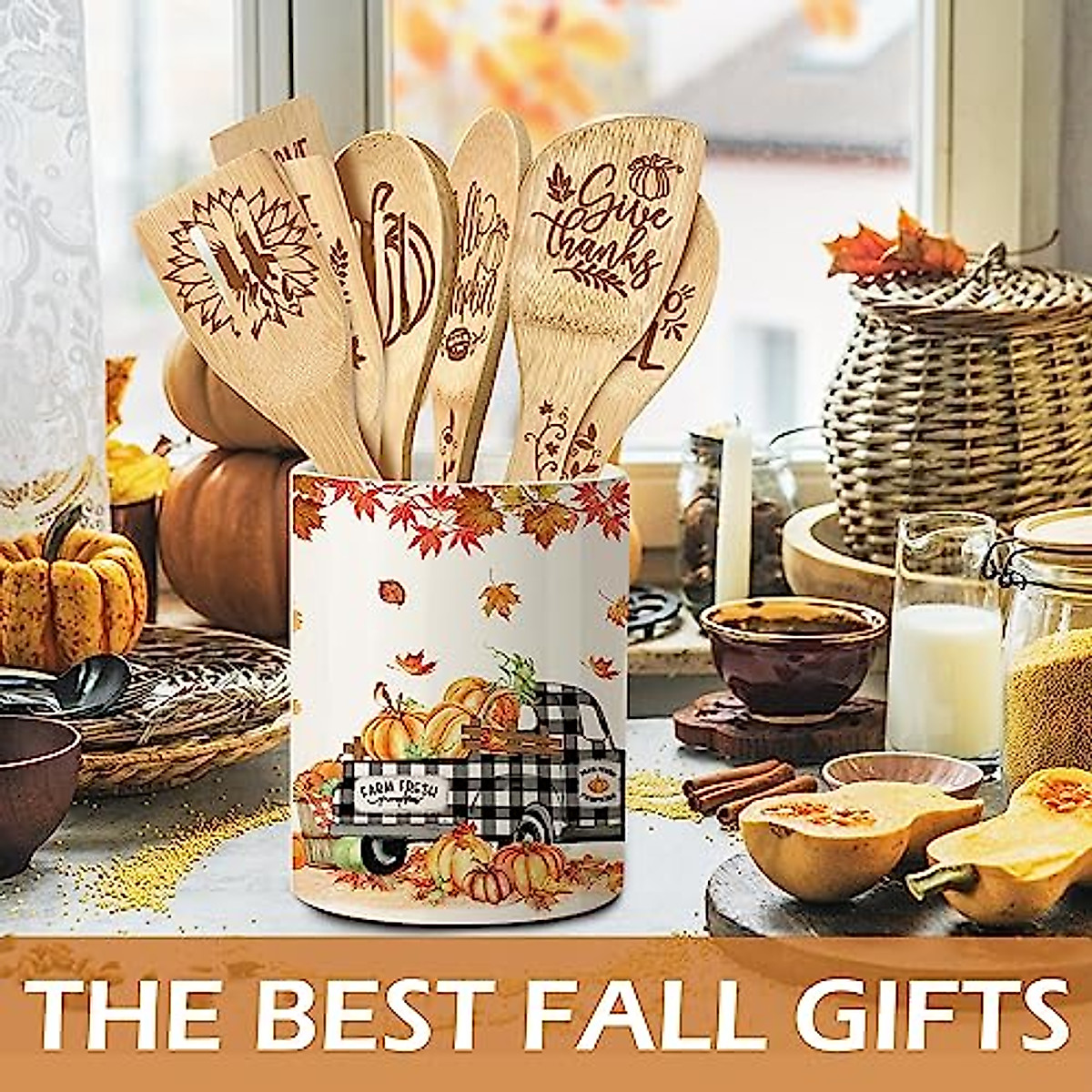 pinata Fall Kitchen Decor, Kitchen Utensil Holder for Countertop, Truck Pumpkin Kitchen Cooking Utensils Set with Holder, Kitchen Utensil Organizer with Bamboo Utensils(5.12" x 5.12" x 6.3")