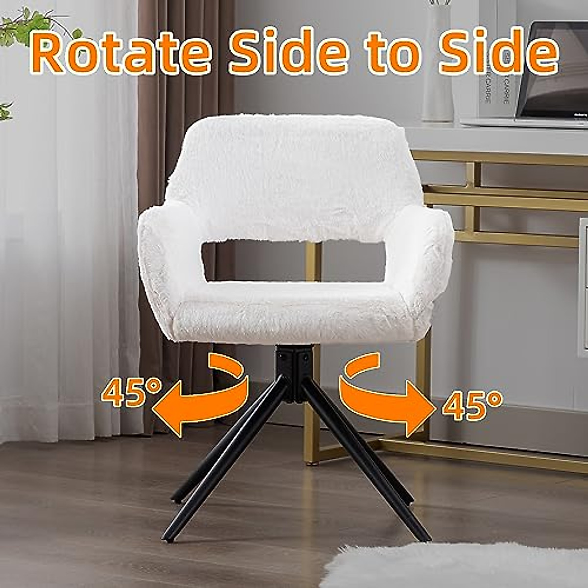 ABET Fluffy Desk Chairs Set of 2, Modern Swivel Accent Home Office Chair No Wheels, Hollow Back & Metal Legs, Faux Fur Vanity Chair for Teen Girls Women Side Armchair for Bedroom Living Room White