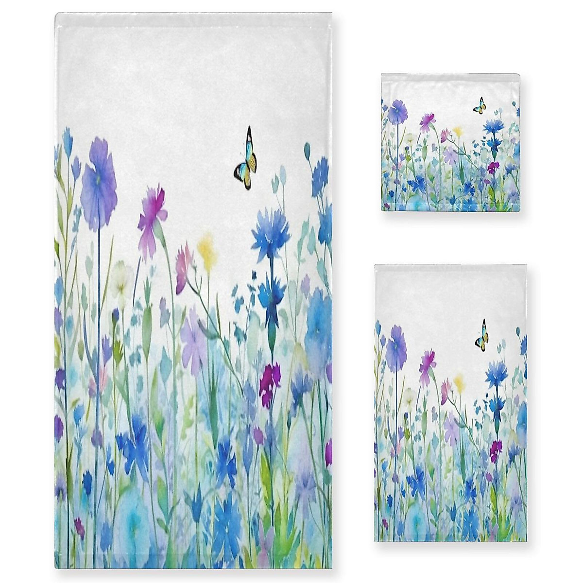 Flradish Watercolor Flowers Butterflies Towels 3 Pack Bath Towels for Bathroom Set Soft Cotton Highly Absorbent Lightweight & Quickdry Towel Set 1 Bath Towel,1 Hand Towel,1 Washclothe