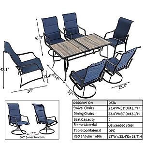 PatioFestival Patio Dining Set swith Swivel Rocker Chairs 7 Pieces High Back Outdoor Furniture 63" Rectangle Table Sets, Blue