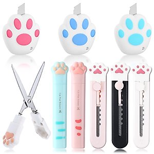 9 Pcs Mini Cute Box Cutter Scissors Knives Set Carton Cat Paw Stainless Steel Craft Letter Opener Portable Retractable Utility Knives for Package Opener Paper Cut Home DIY Scrapbook Crafting